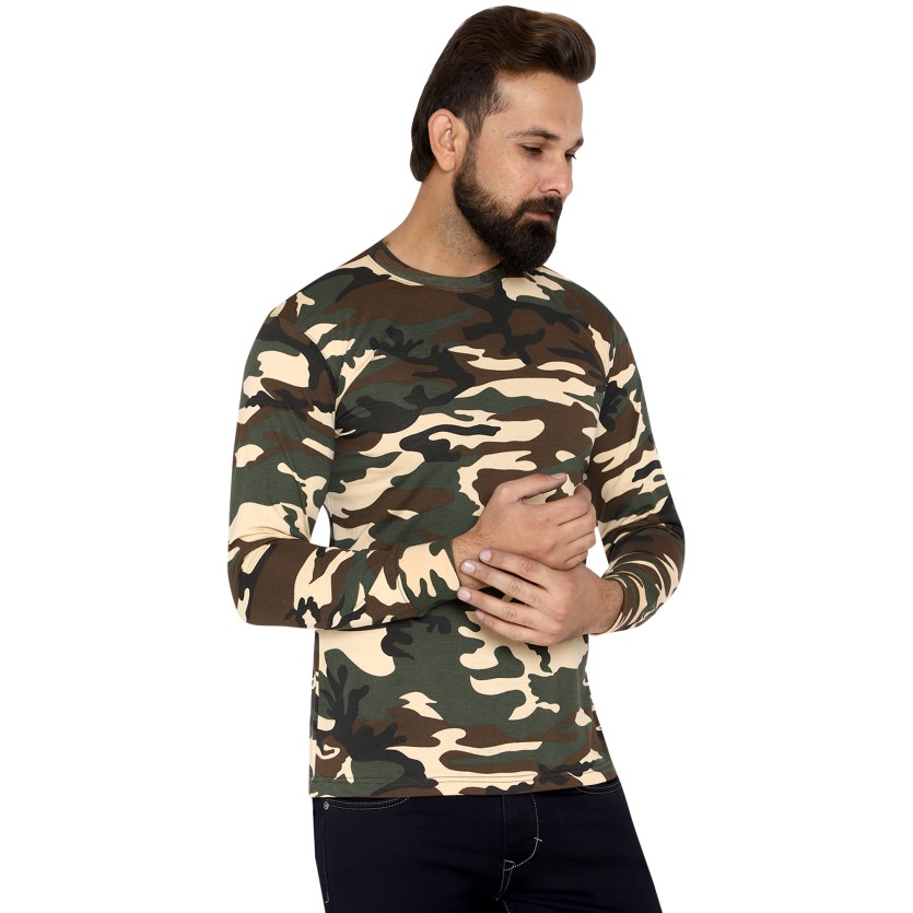 Militia Printed Military Camouflage Men Round Neck Muliticolor T Shirt