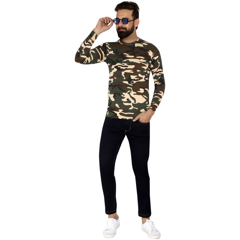 Militia Printed Military Camouflage Men Round Neck Muliticolor T Shirt
